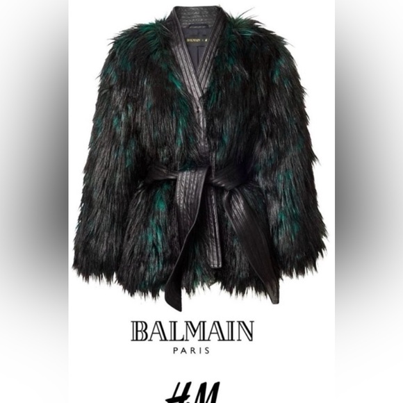 Balmain | Jackets & Coats | Balmain Black And Green Faux Fur Coat ...
